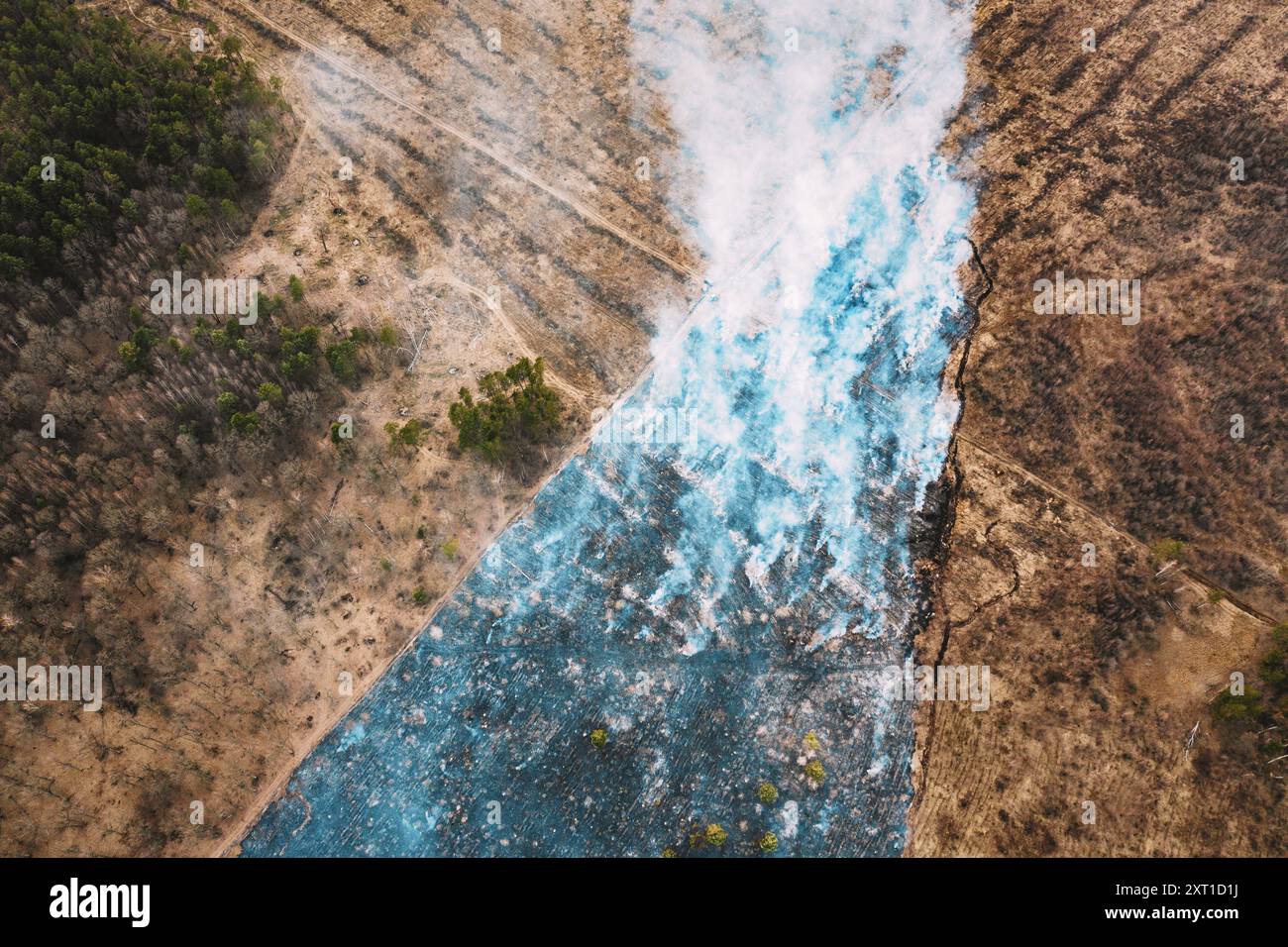 Aerial View. Spring Dry Grass Burns During Drought Hot Weather. Bush ...
