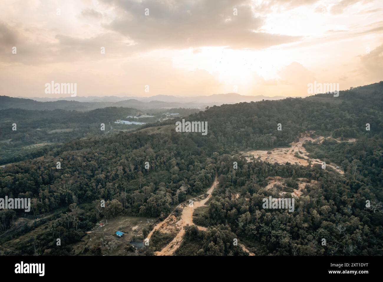 Aerial view of deforestation in the middle of the mountain in ...