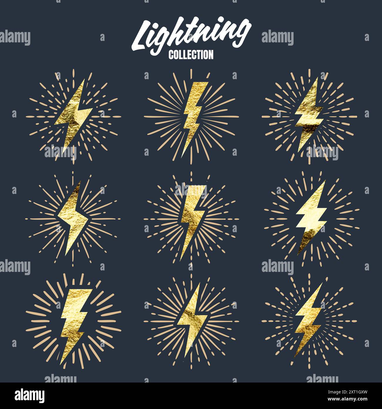 Set of vintage golden lightning bolts and sun rays. Gold foil texture ...
