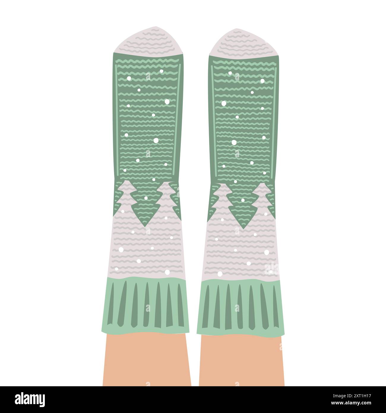 Female legs in woolen knitted socks with pine trees and snow. Cartoon ...