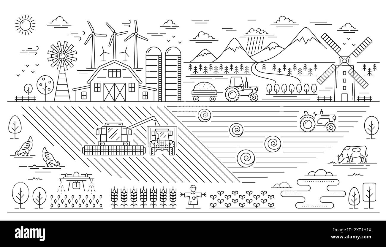Line agriculture farm landscape, eco village plantation. Vector outline ...