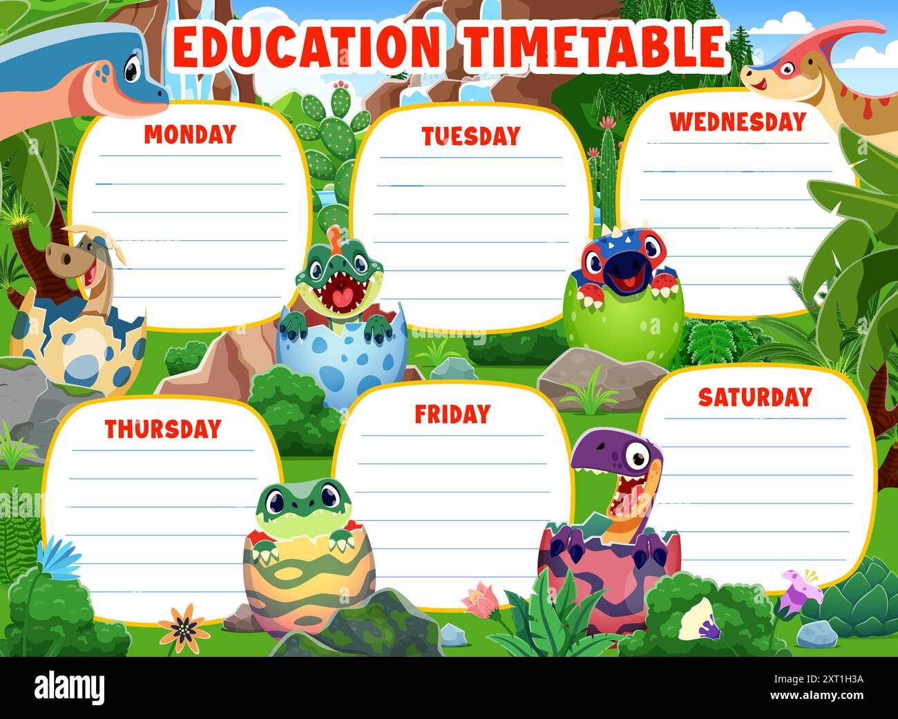 Education timetable with cartoon dinosaurs for school week planner ...