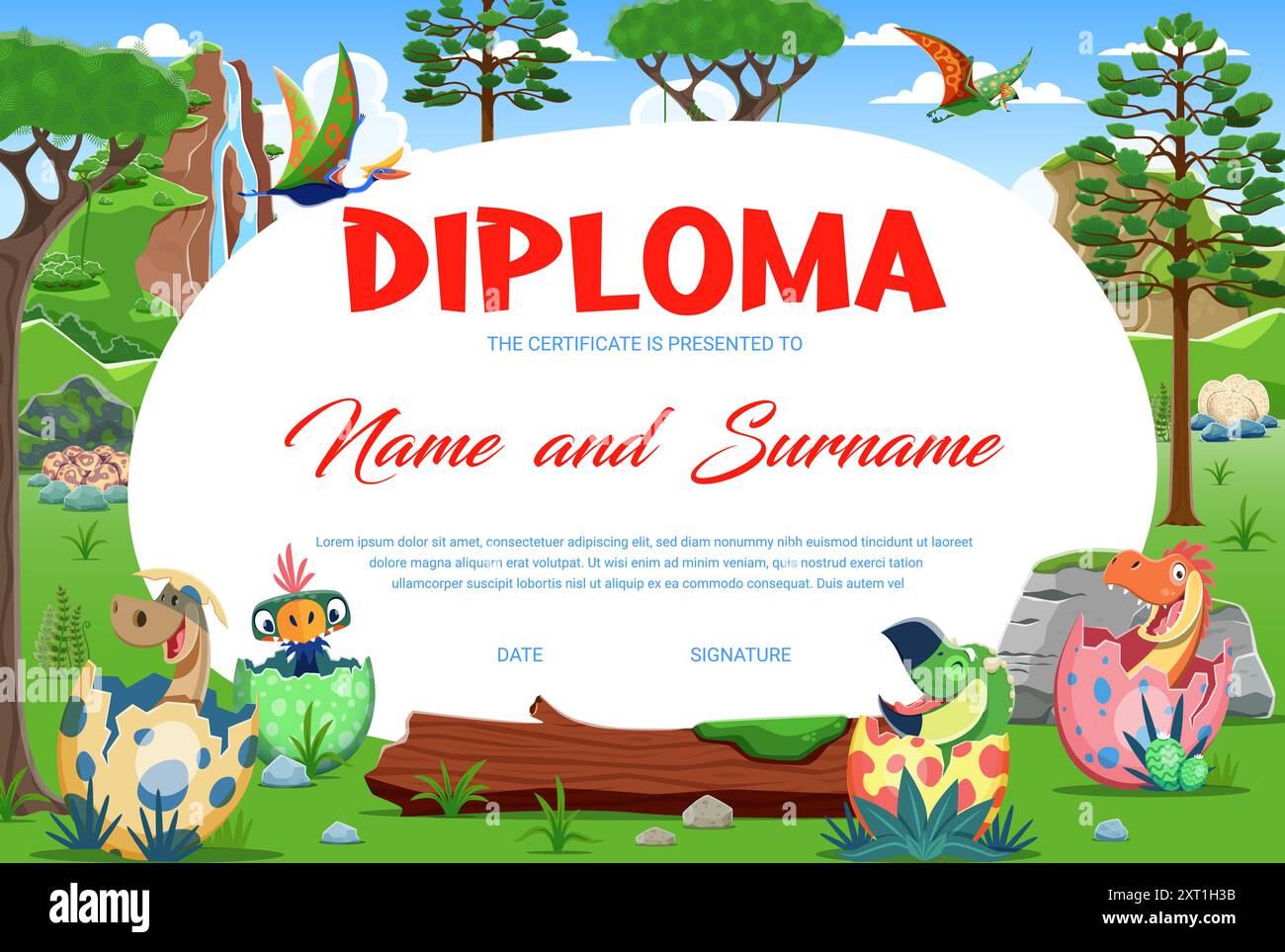 Kids diploma with funny dinosaur kids in egg shells and cartoon dino on ...