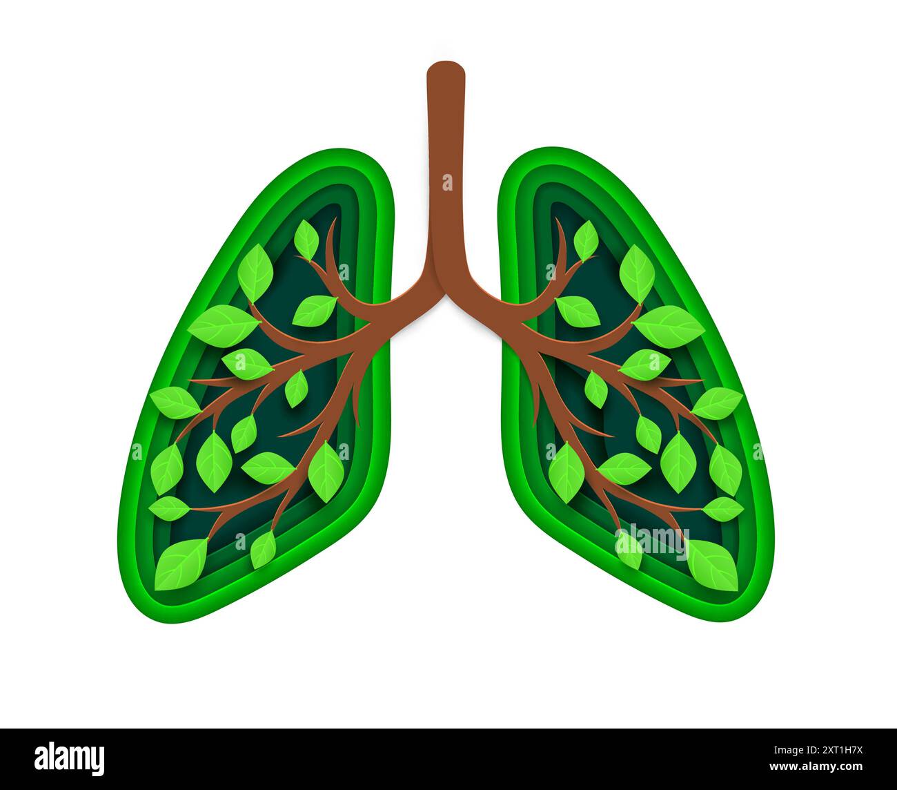 Lungs with green leaves of forest tree and eco plant paper cut concept ...
