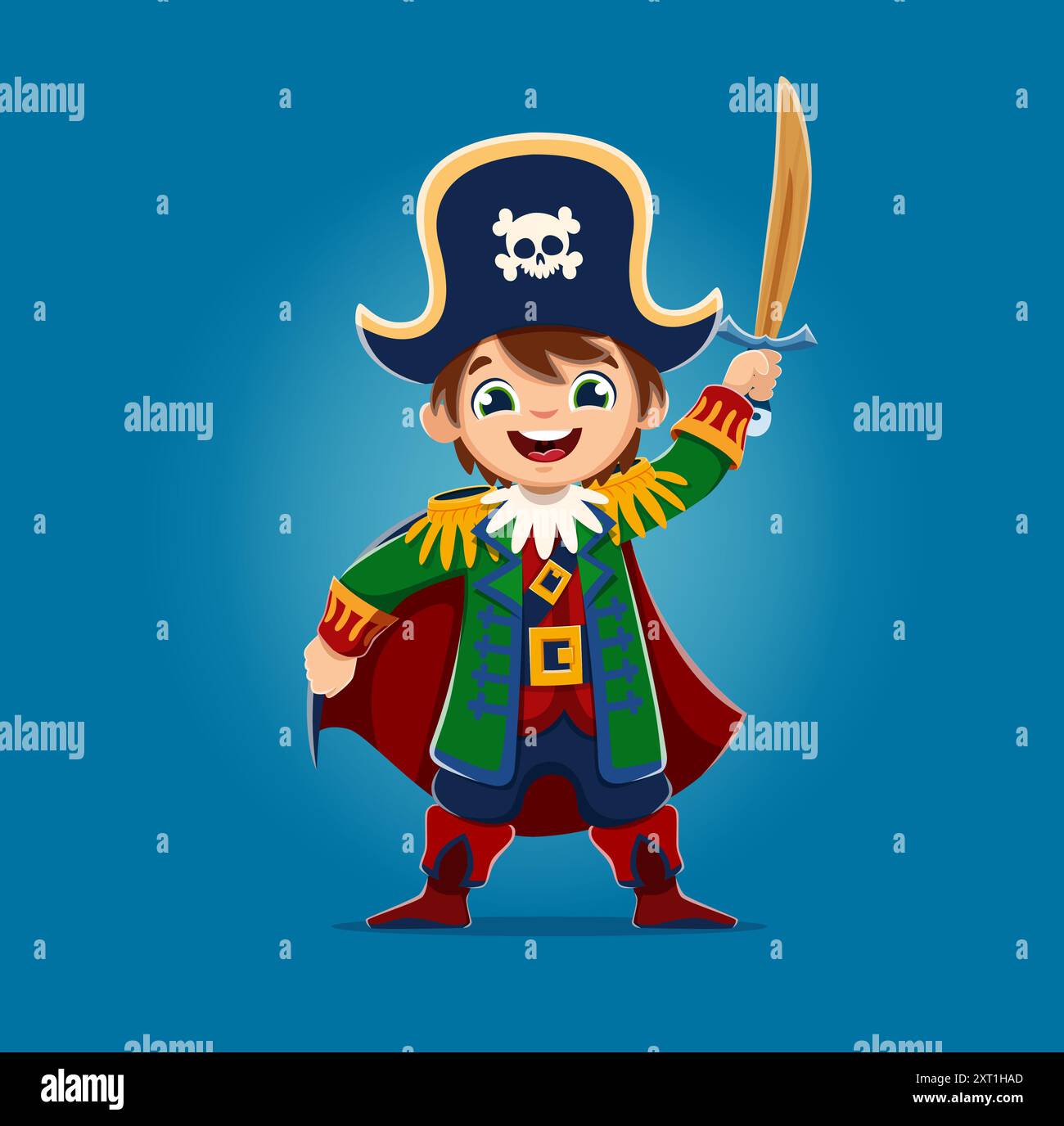 Cartoon kid boy pirate captain character with saber in tricorne hat, vector sailor personage ...