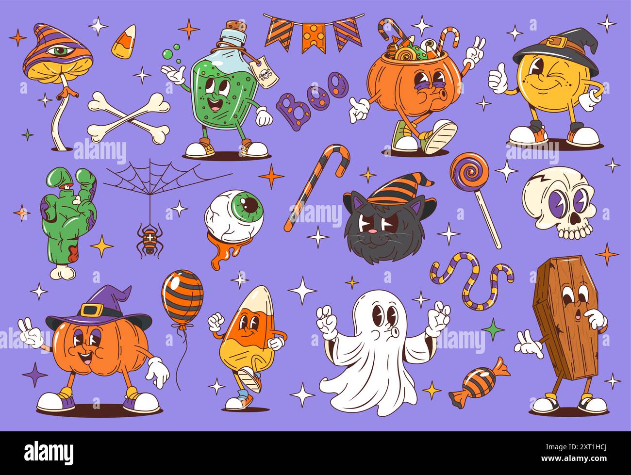 Cartoon Halloween groovy characters of vector horror holiday pumpkin ...