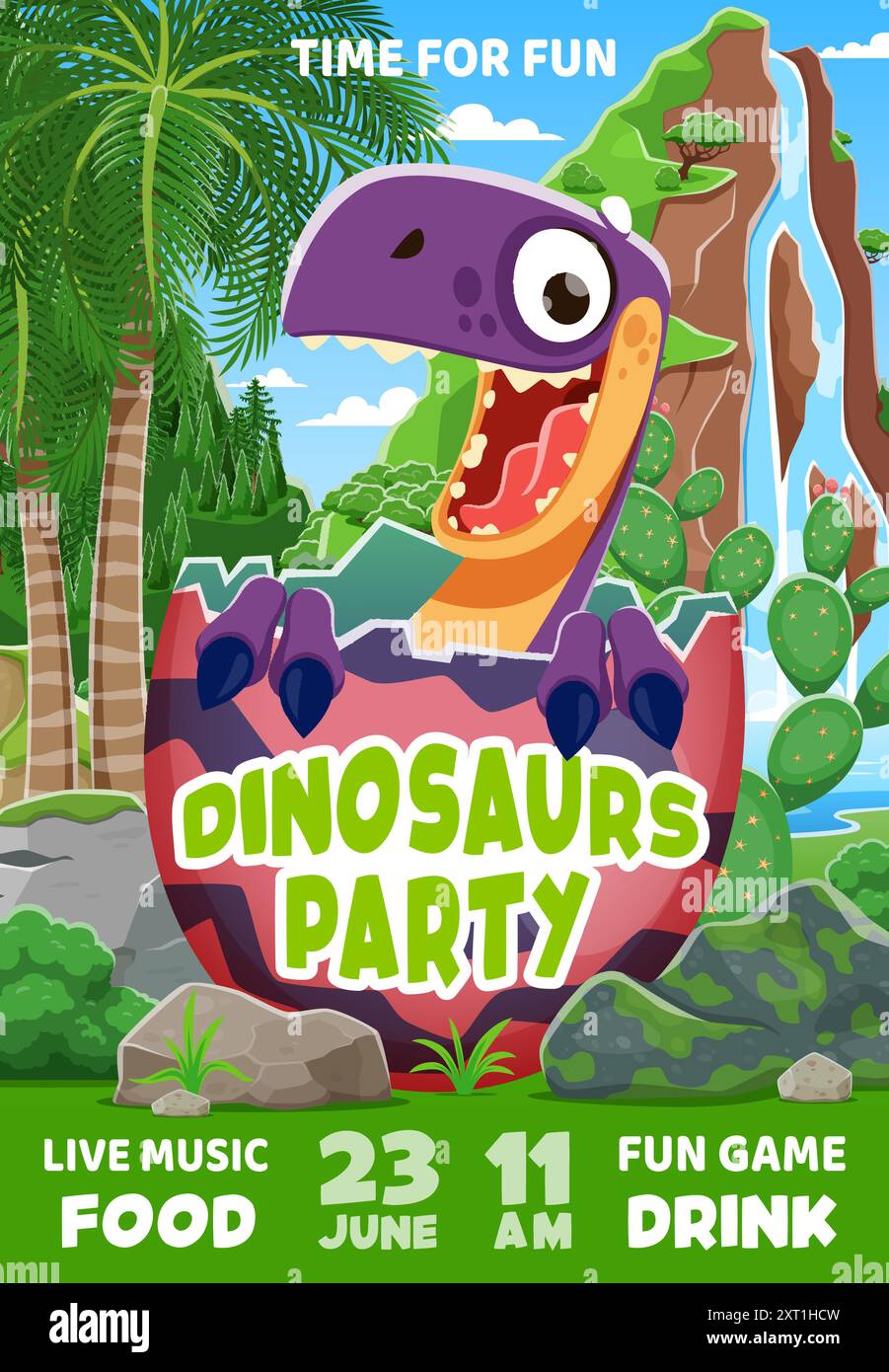 Kids party flyer with funny dino in eggshell and jurassic forest nature ...