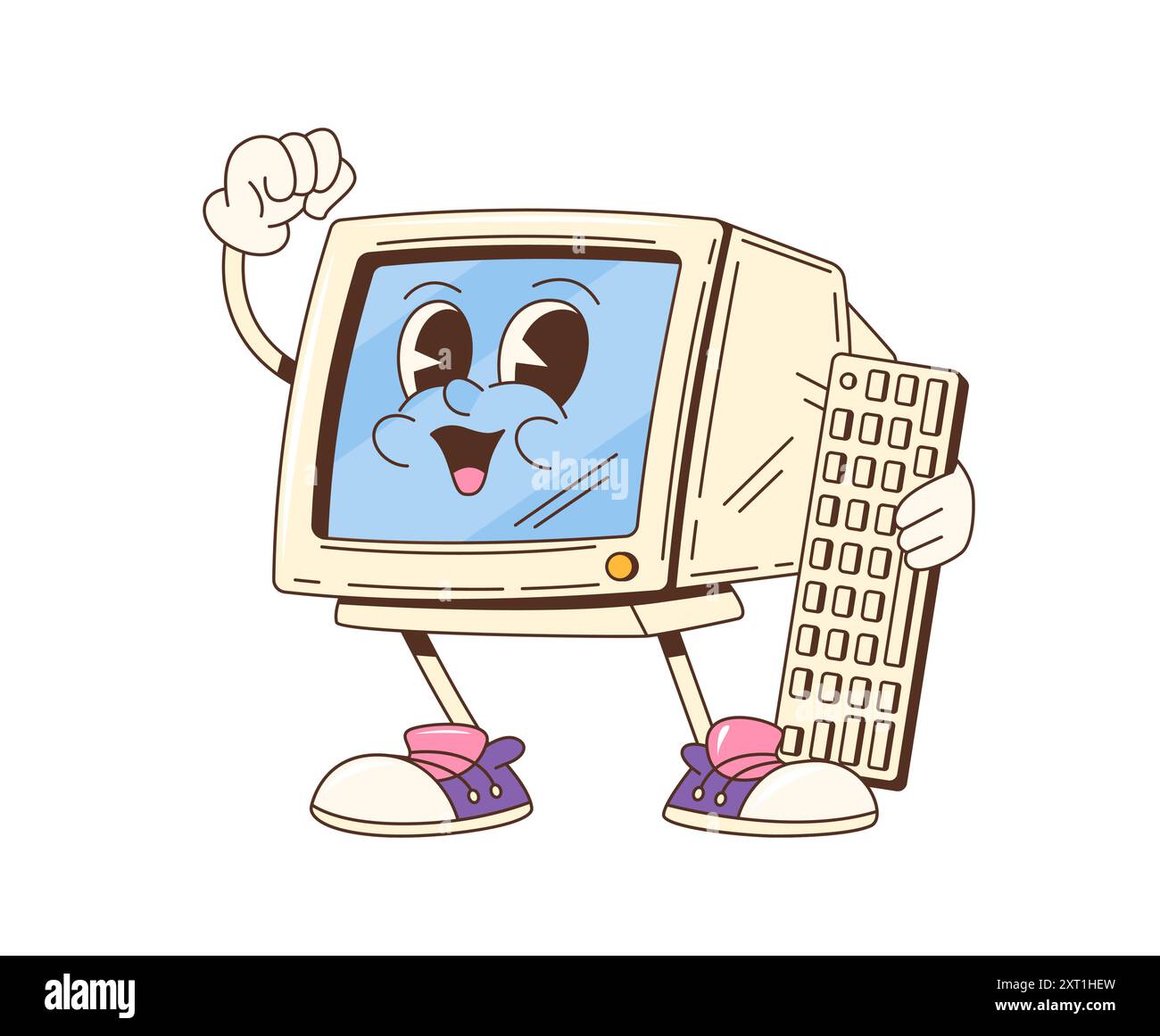 Cartoon groovy computer character or comic retro PC with funky funny ...