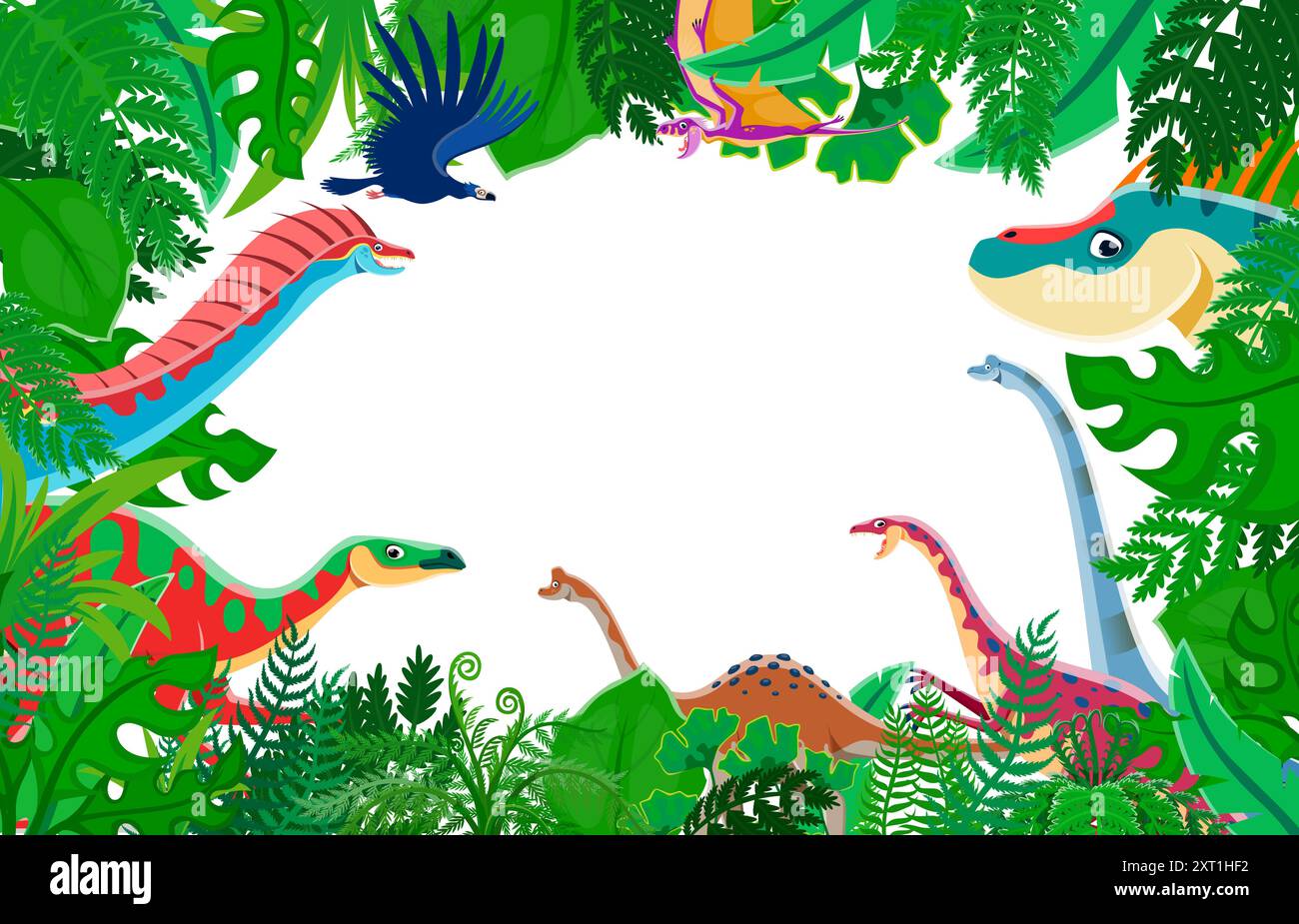 Cartoon prehistoric dinosaurs in jungle forest frame with vector ...
