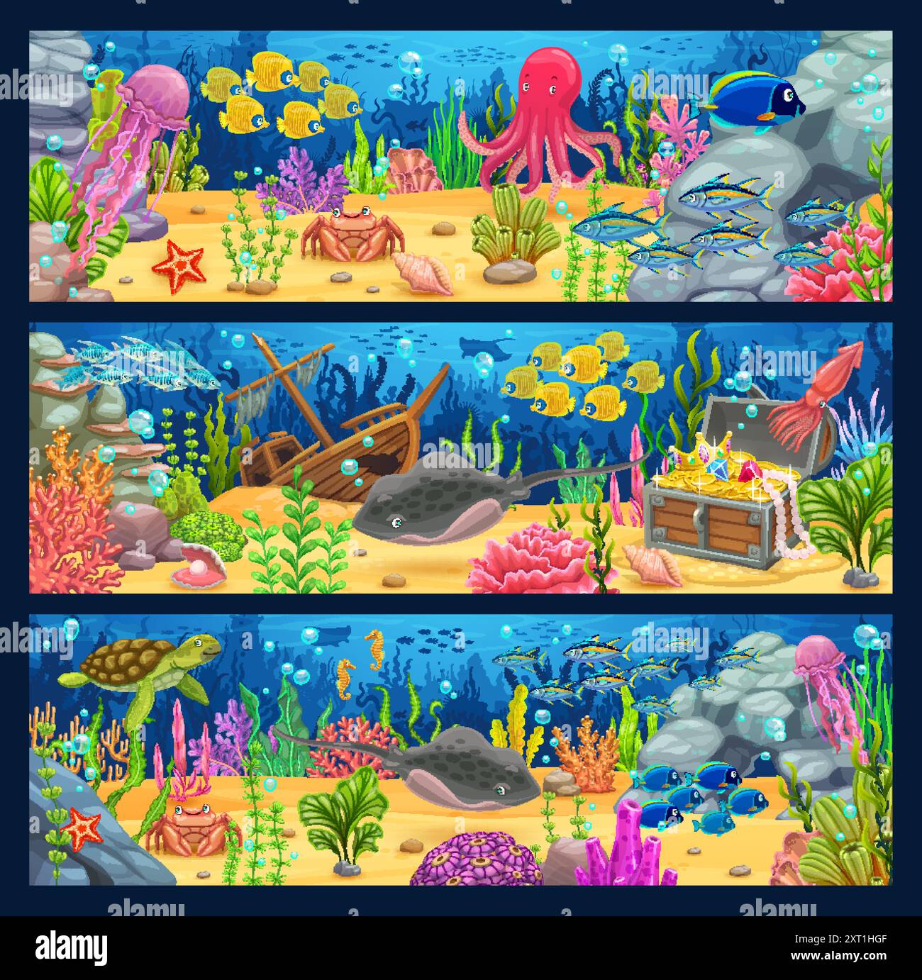 Underwater landscape banners with cartoon sea animals, seaweed, sunken ...