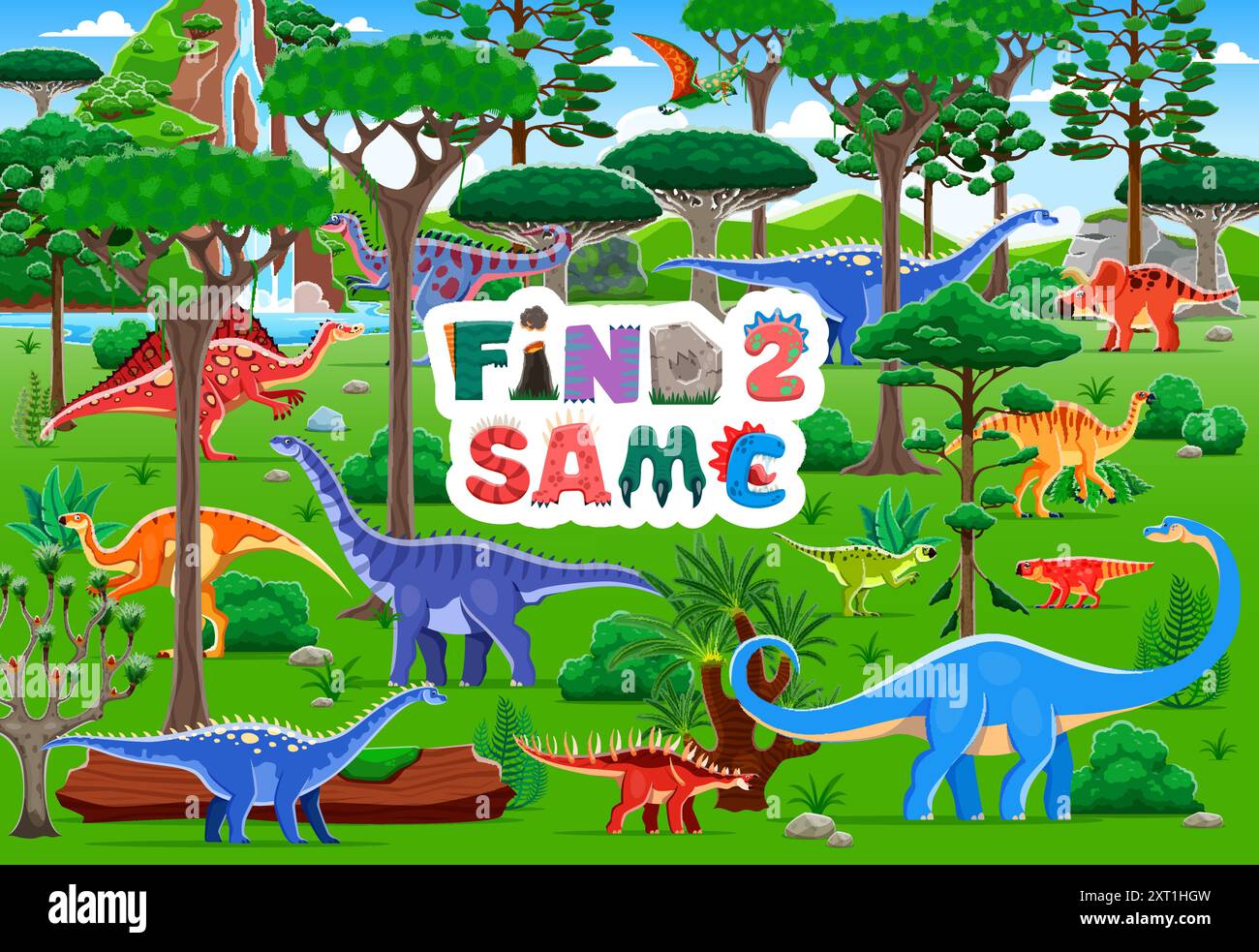 Find two same prehistoric dinosaurs in jungle forest, vector game ...