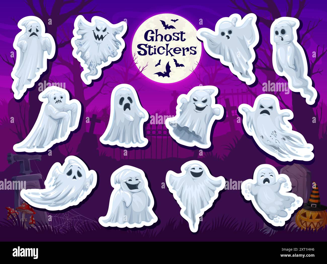 Cartoon Halloween ghost characters stickers pack, night cemetery vector ...