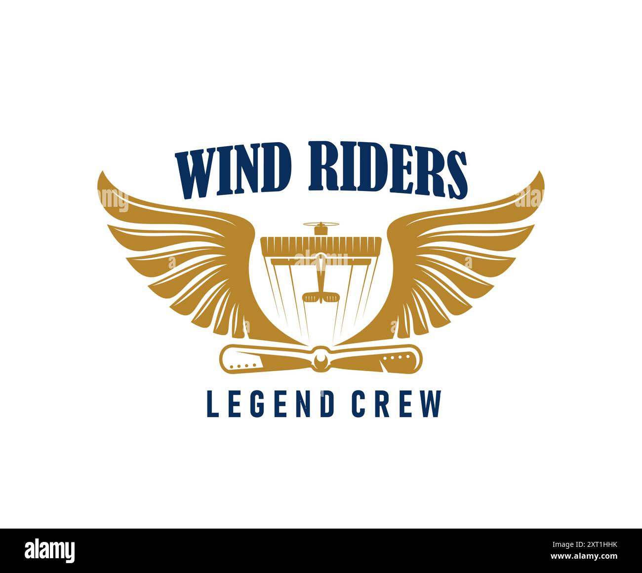 Airline and aircraft aviation icon with golden wings, biplane and ...
