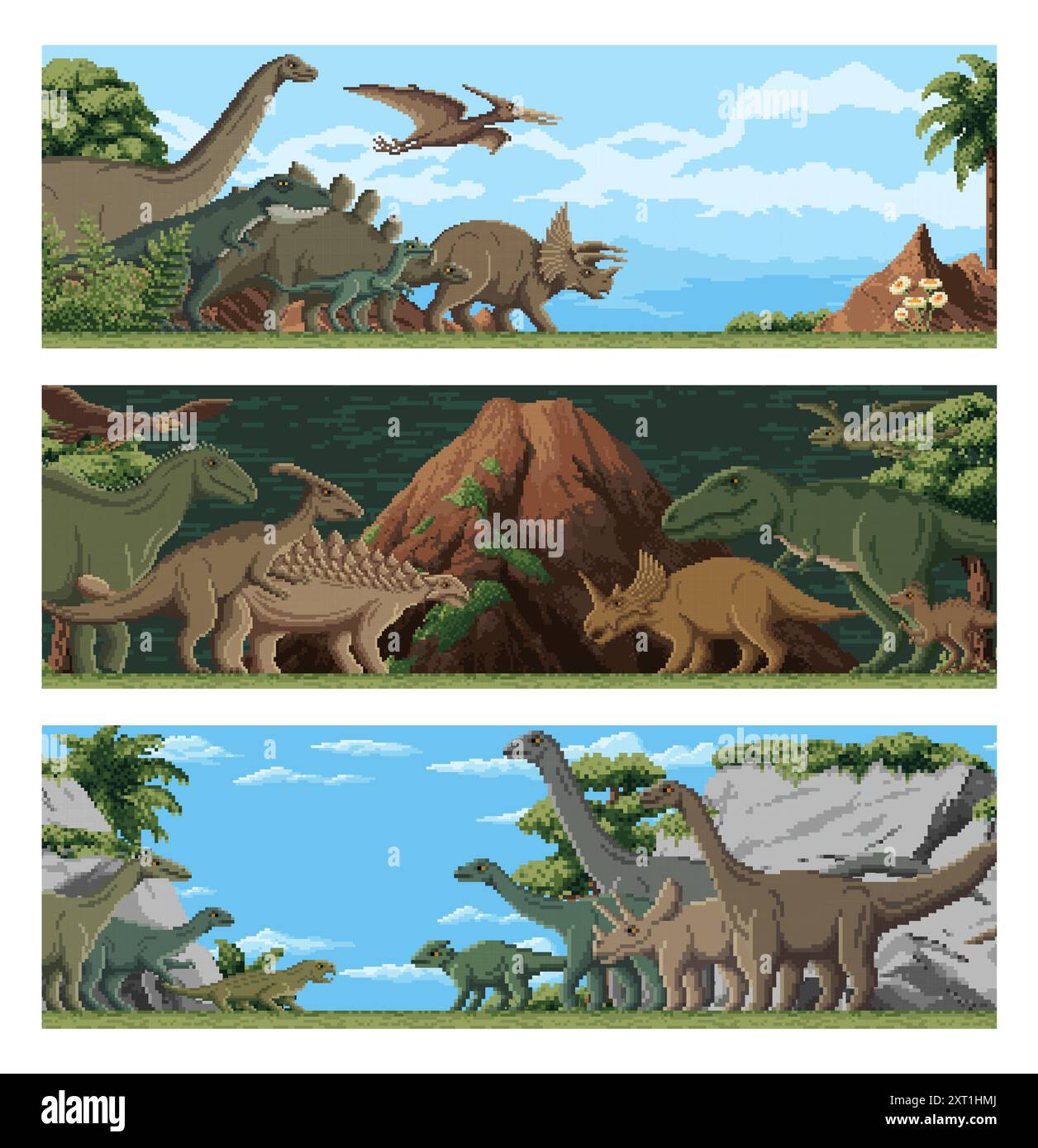 8 bit pixel art dinosaurs in dino world park landscape, vector ...