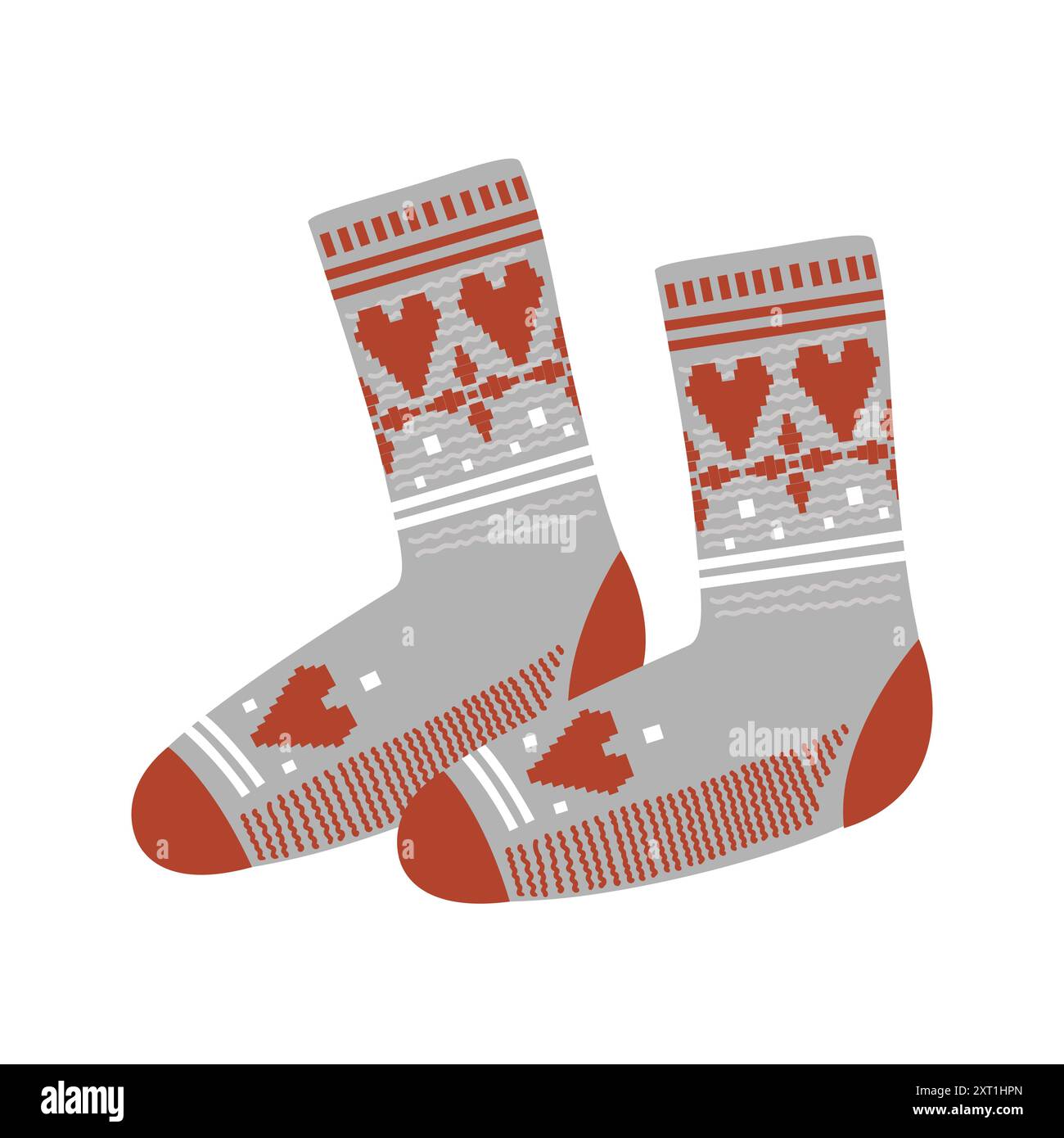 Fairy woolen knitted socks with hearts and snow ornament, cozy Xmas and Winter symbol. Christmas ...