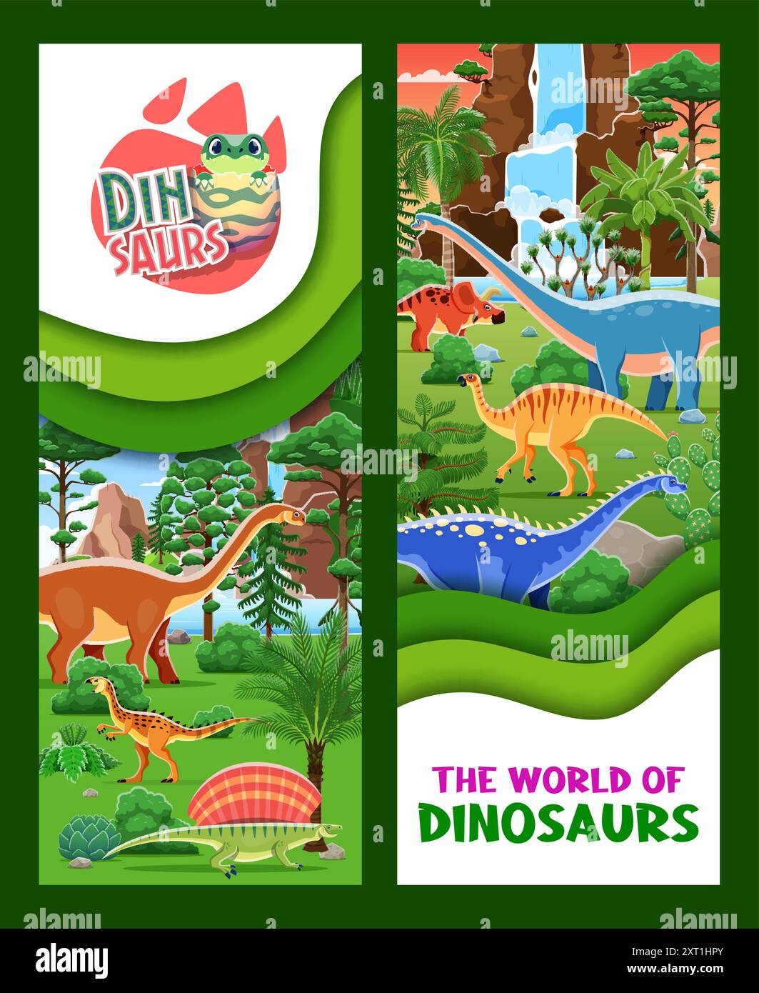 Paper cut banners with cute cartoon dinosaurs characters, jurassic ...