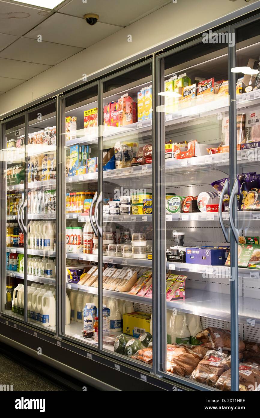 Packages of food in chiller cabinets in a shop store in Cornwall in the ...