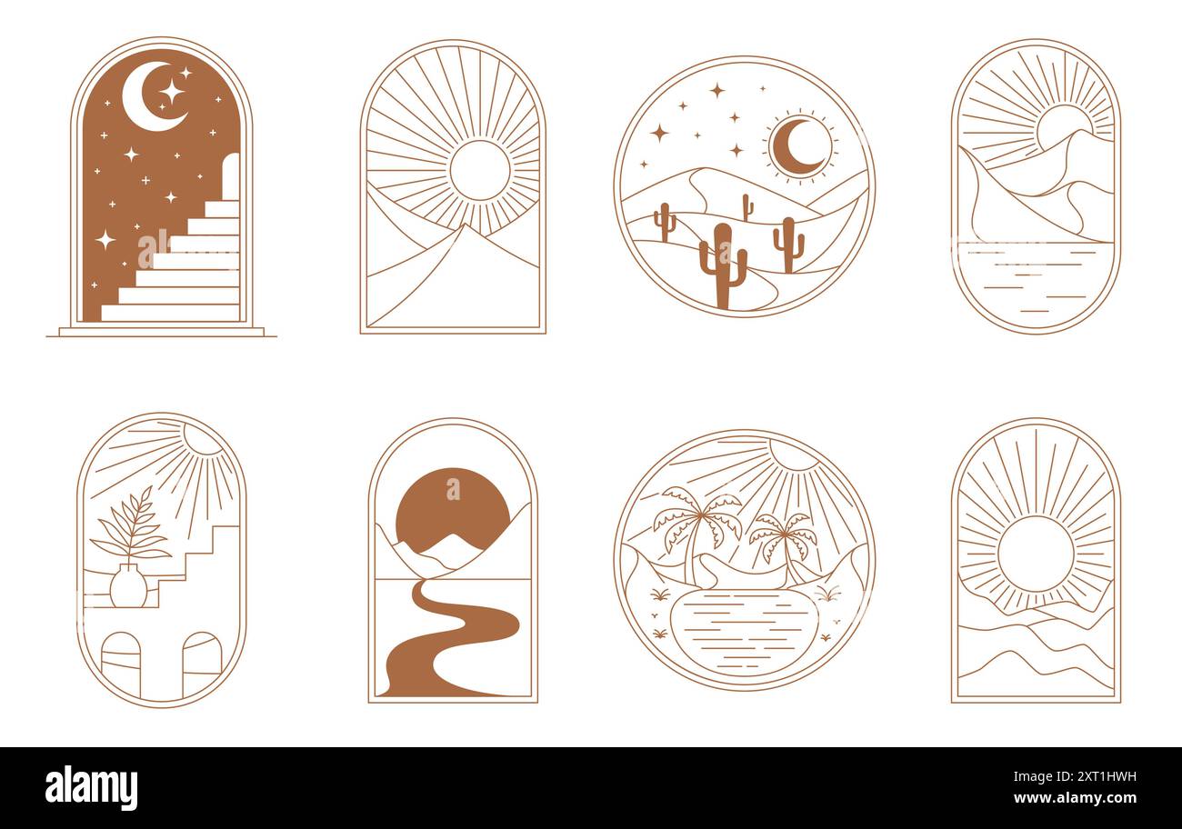 Boho window and desert icons with sun, moon and stars, palms and sea ...
