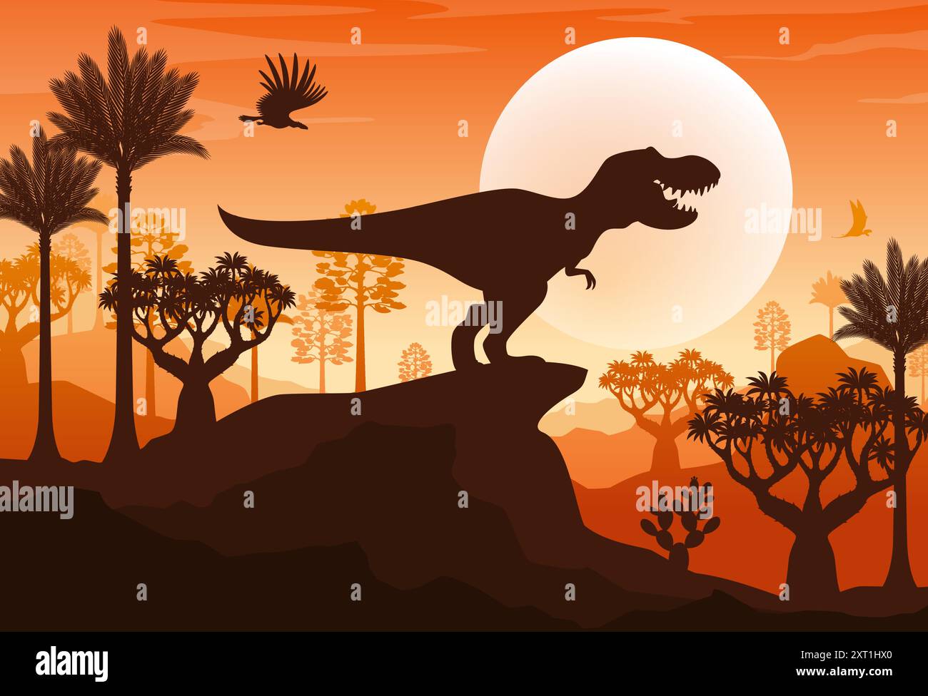 T rex silhouette on mountain sunset landscape. Jurassic forest nature ...