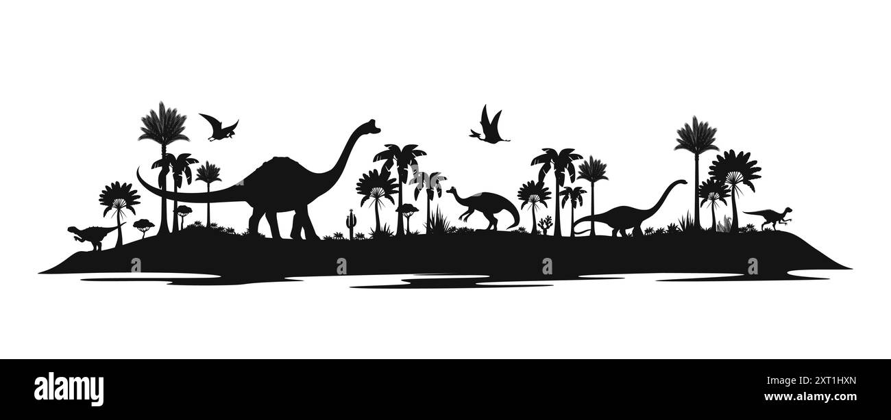 Prehistoric dinosaur silhouettes with jungle forest palm trees and ...