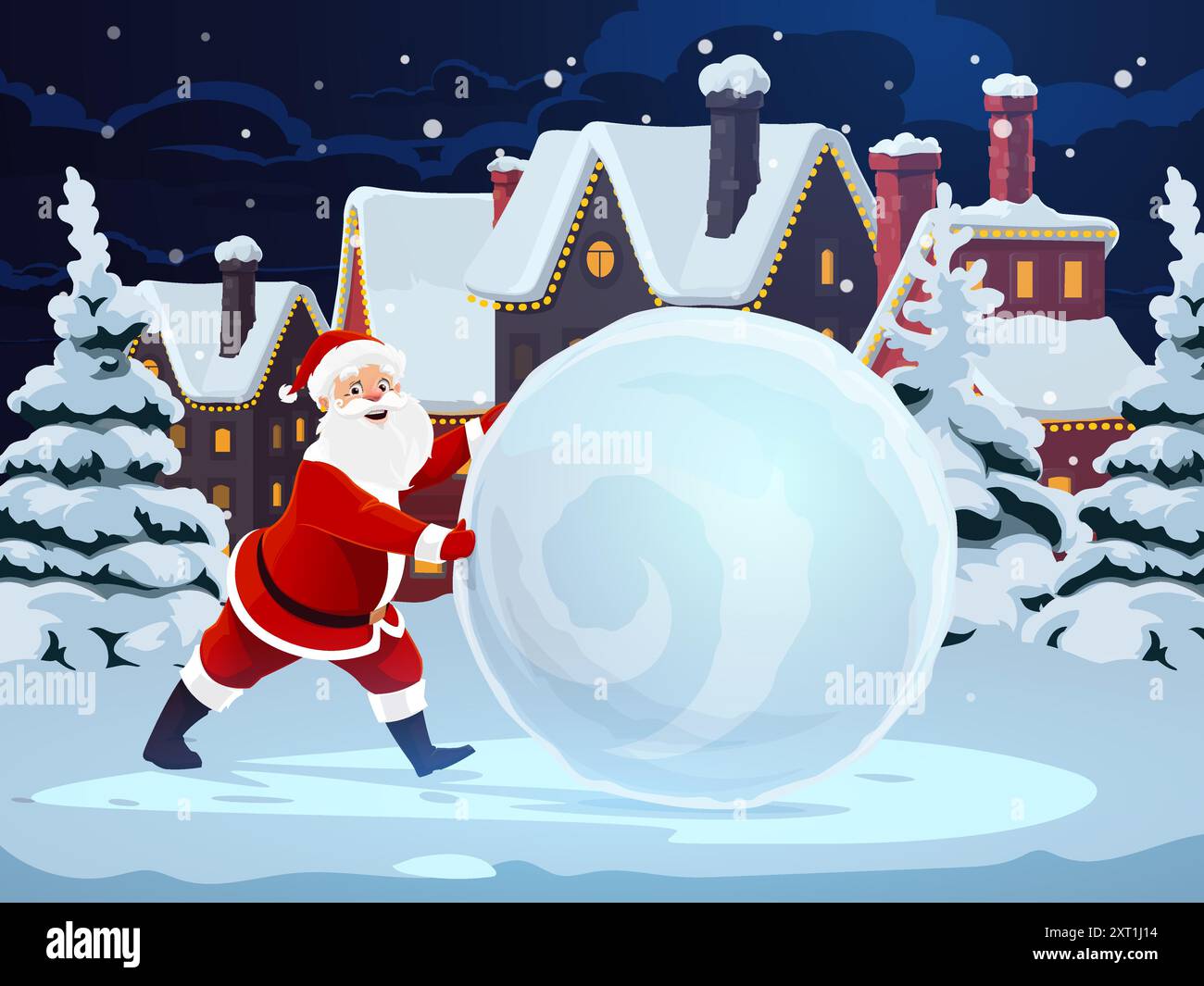 Christmas Santa rolls a snowball. Cartoon vector winter scene with ...