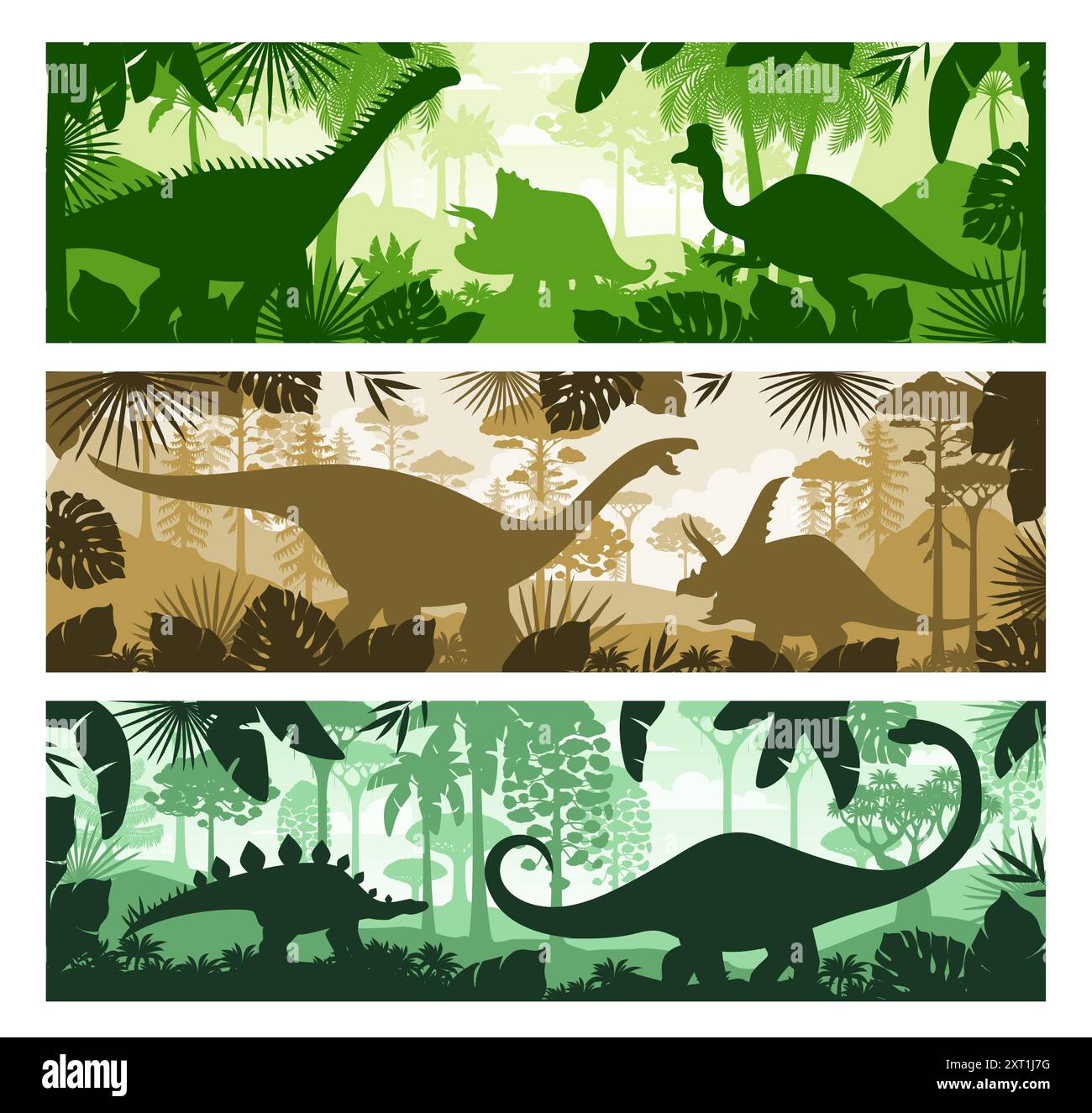 Prehistoric dinosaurs in forest silhouette landscape or Jurassic park, vector backgrounds ...