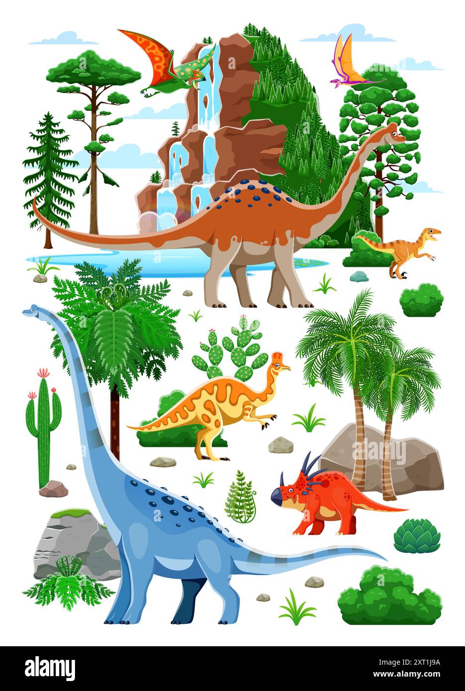 Prehistoric dinosaurs in jurassic forest vector banner with waterfall ...