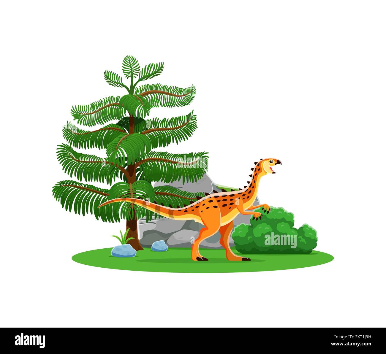 Cartoon dinosaur, prehistoric character of Scutellosaurus in jungle ...