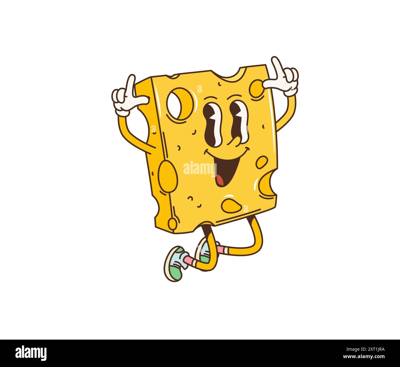 Retro cartoon groovy breakfast cheese slice character. Isolated vector ...