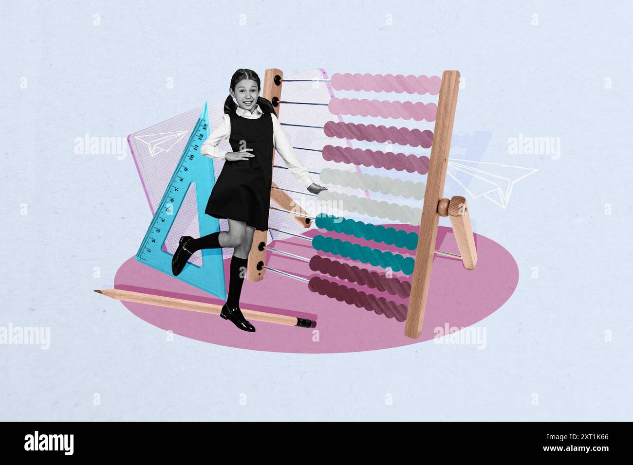 Composite photo collage of dissatisfied schoolgirl stand abacus count ...