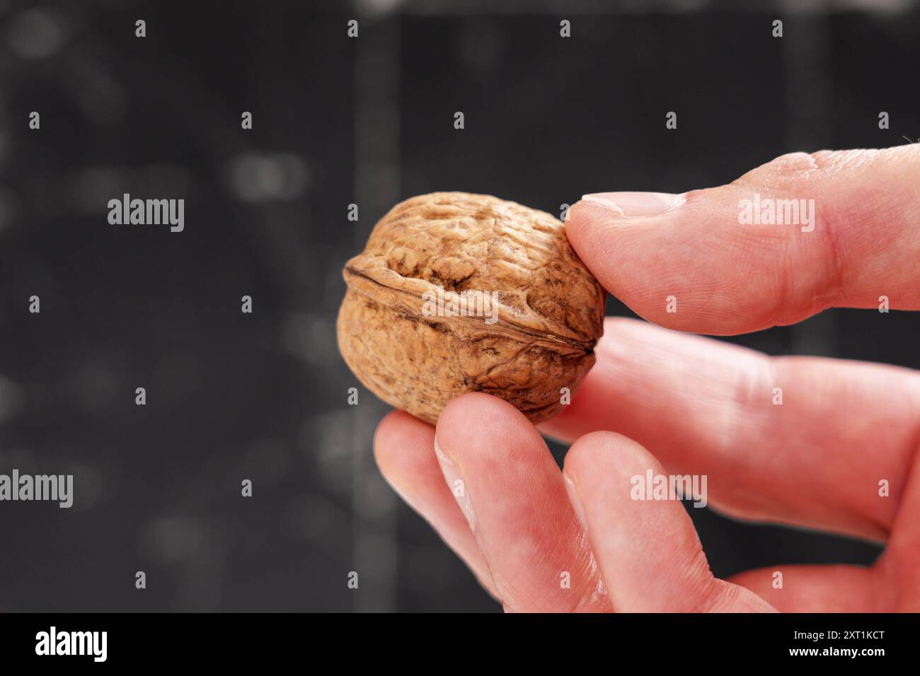 Foodie hand holding whole walnut on black background with wrinkled ...