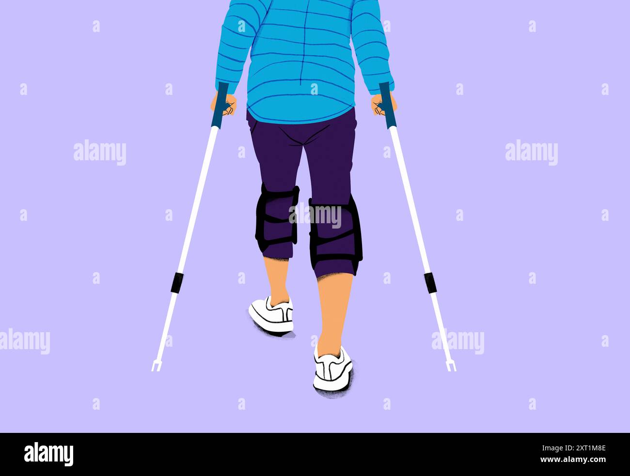 A person with knee braces walks using crutches. Person recovering from ...