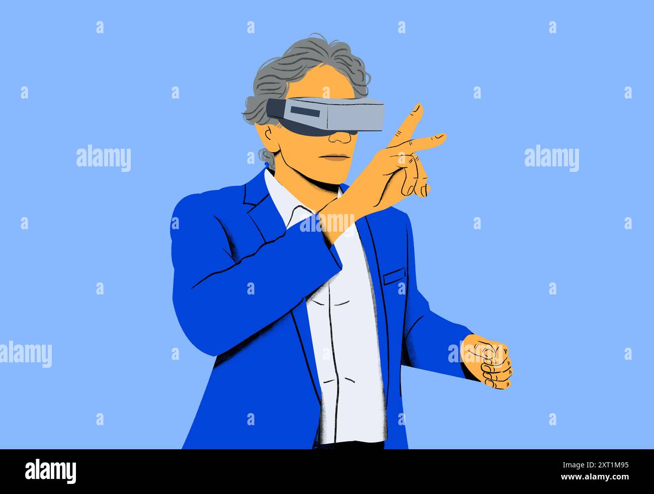 A businessman in a suit wearing augmented reality glasses, making hand ...