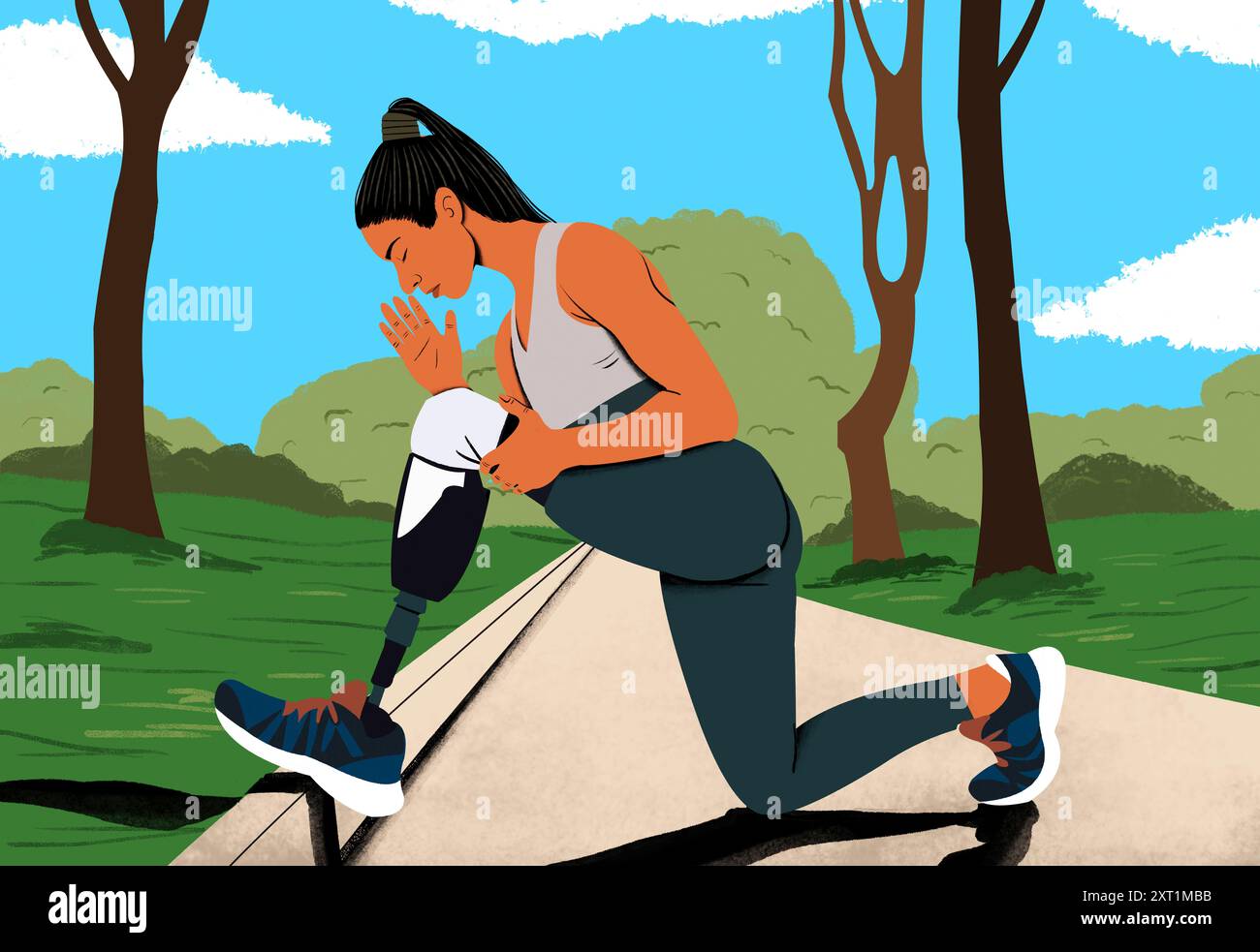 Paralympic runner with a leg prosthesis stretches in a park, touching ...