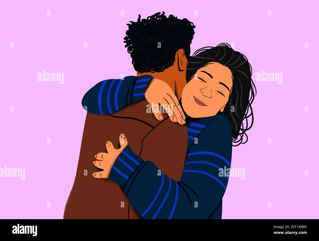 Couple hugging, both smiling warmly. Hug, woman, man, striped, smile ...