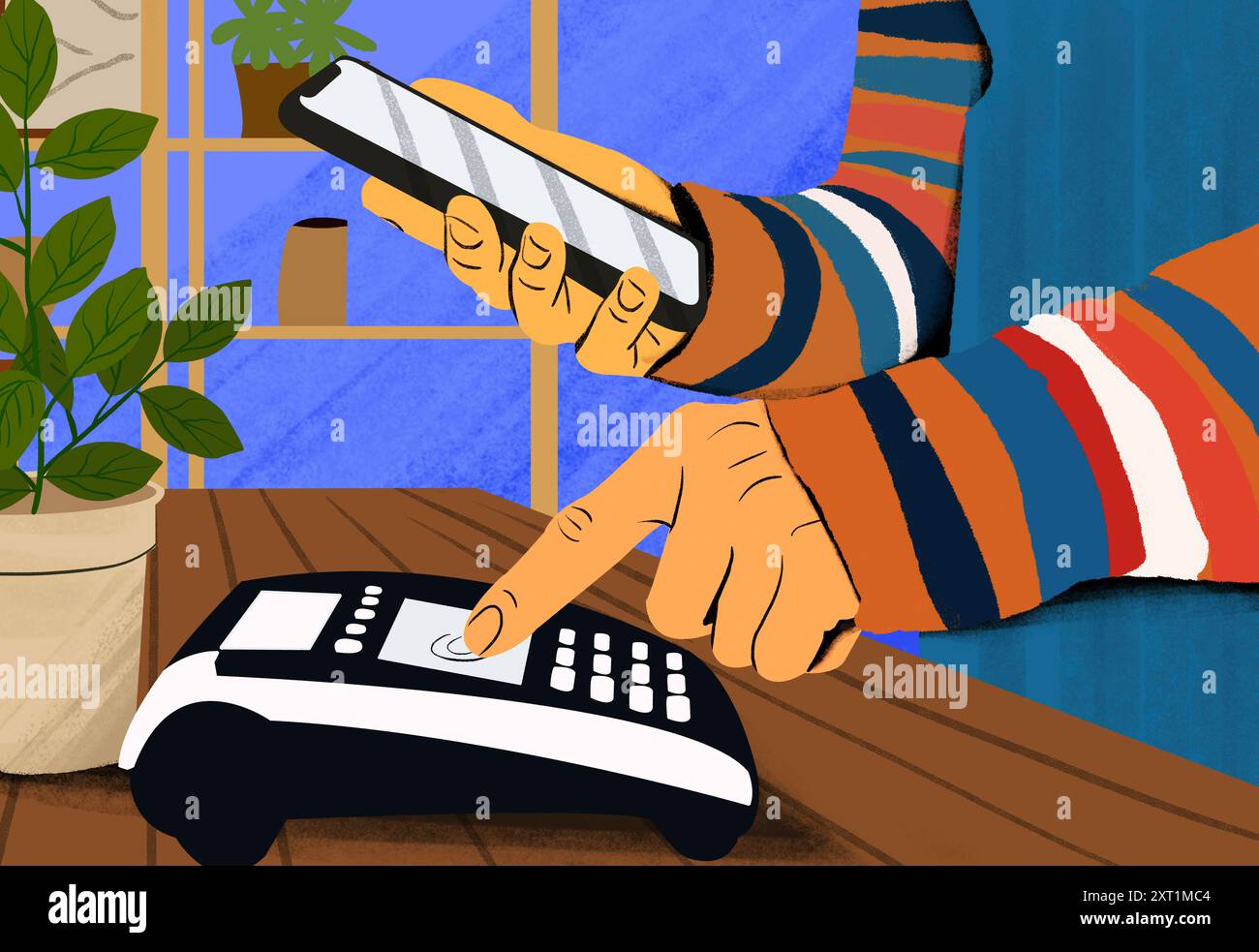 Hands scan a barcode on a landline phone with a smart device. Tech ...