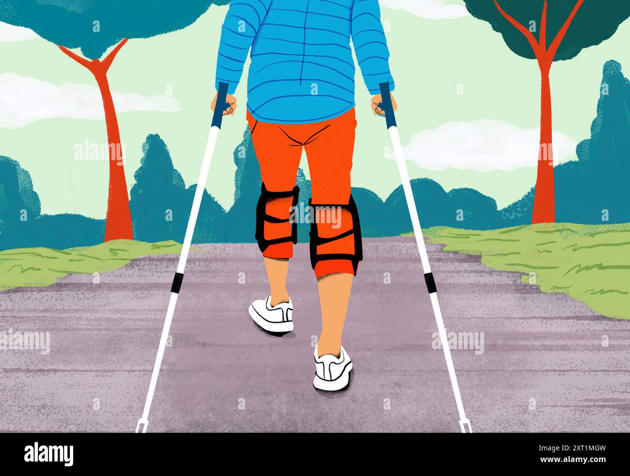Person with knee braces using crutches walking on a park path ...