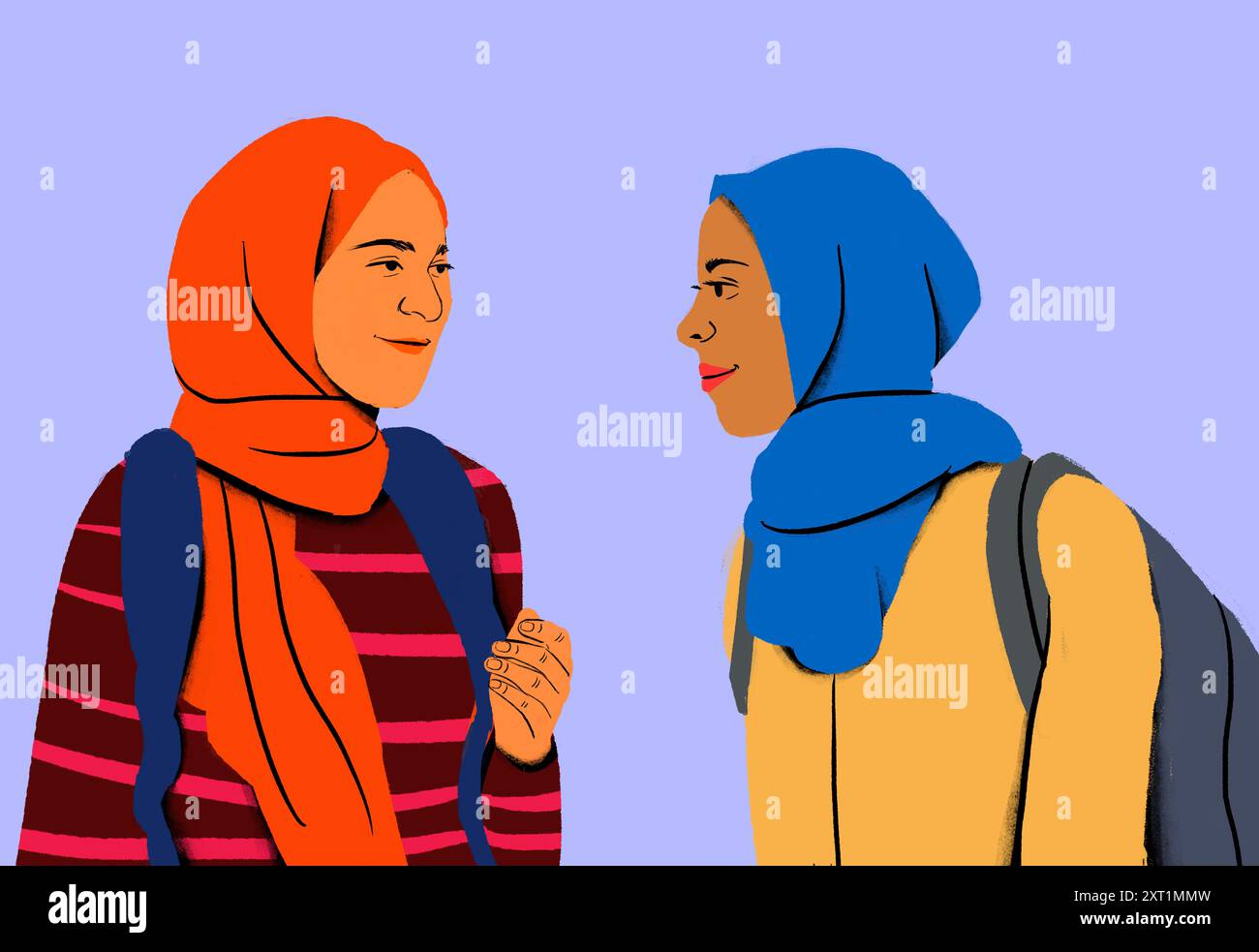 Two Women In Vibrant Hijabs Smiling At Each Other Against A Purple