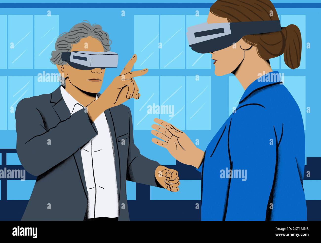 Two coworkers using augmented reality glasses, discussing and gesturing ...