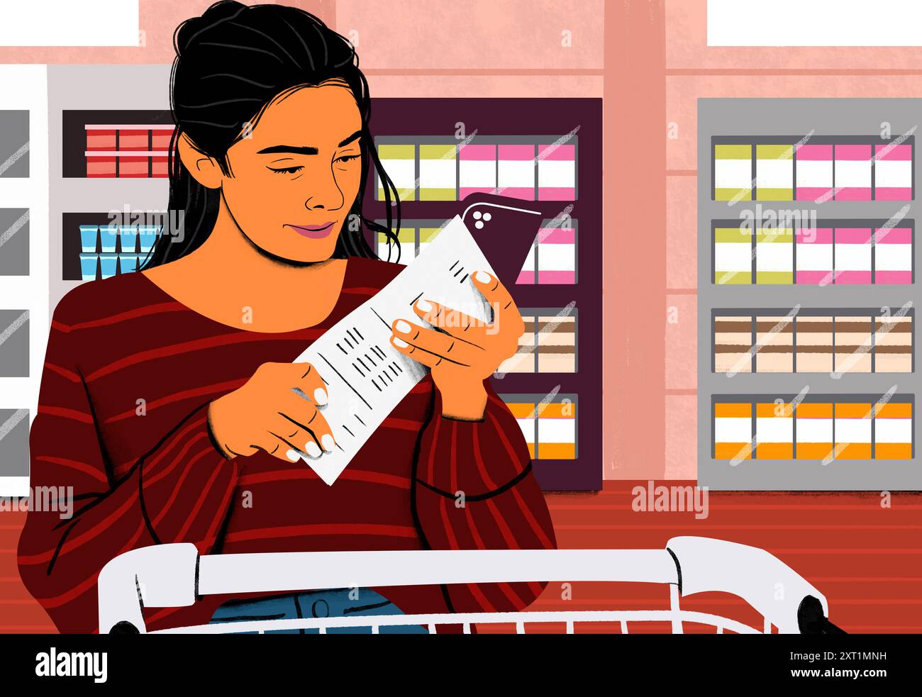 Woman in a supermarket, closely examining a receipt and holding a phone ...