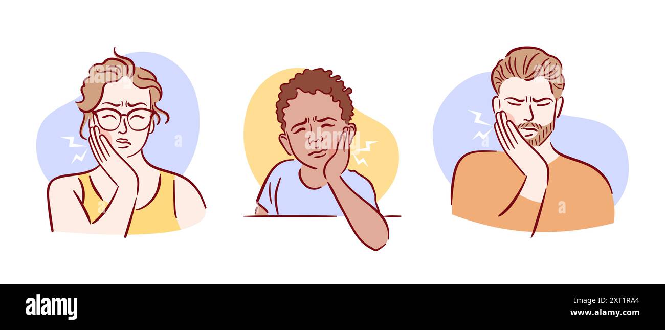 Set of people with toothache. Emotional manifestations of discomfort ...