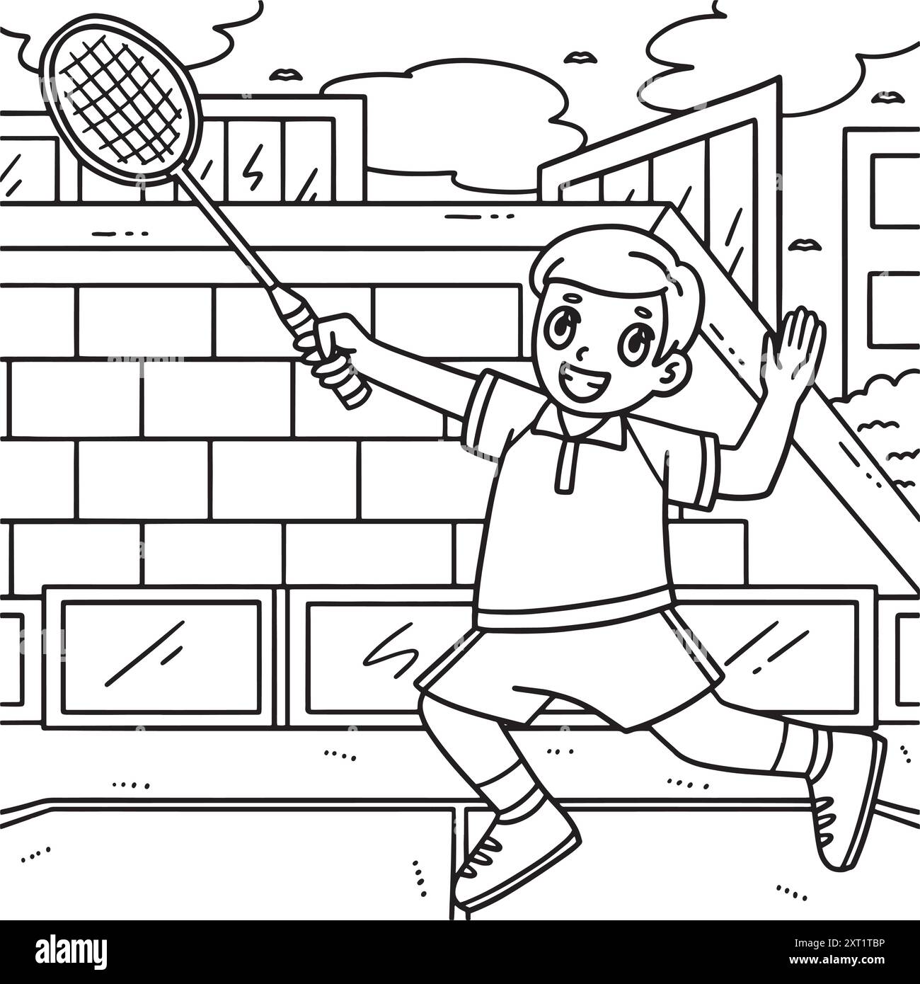 Badminton Player Jumping with Racket Coloring Page Stock Vector Image ...