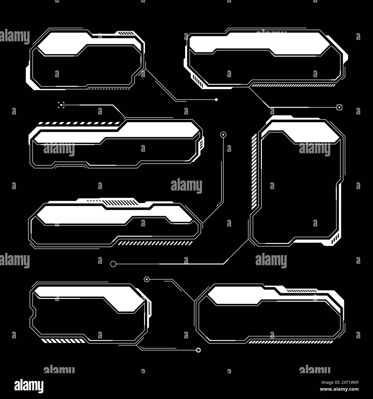 White futuristic HUD, UI elements. Sci-fi user interface text boxes, callouts. Warning message ...