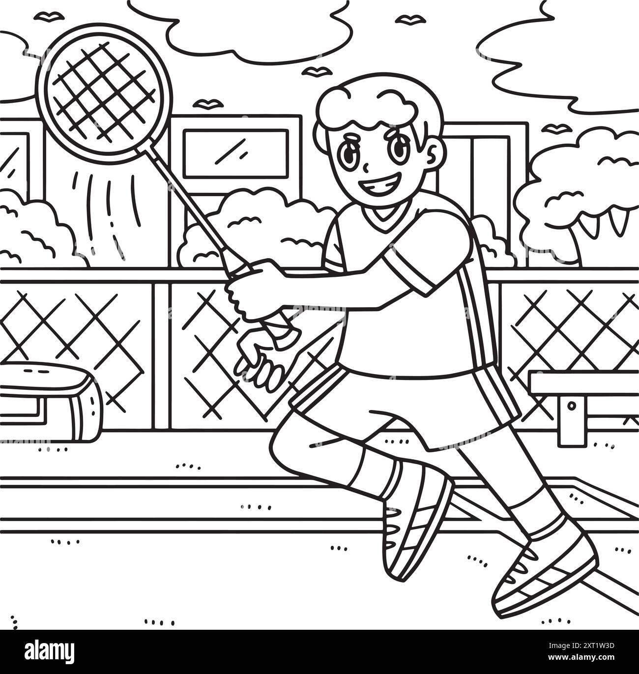 Badminton Player Swinging Racket Coloring Page Stock Vector Image & Art ...