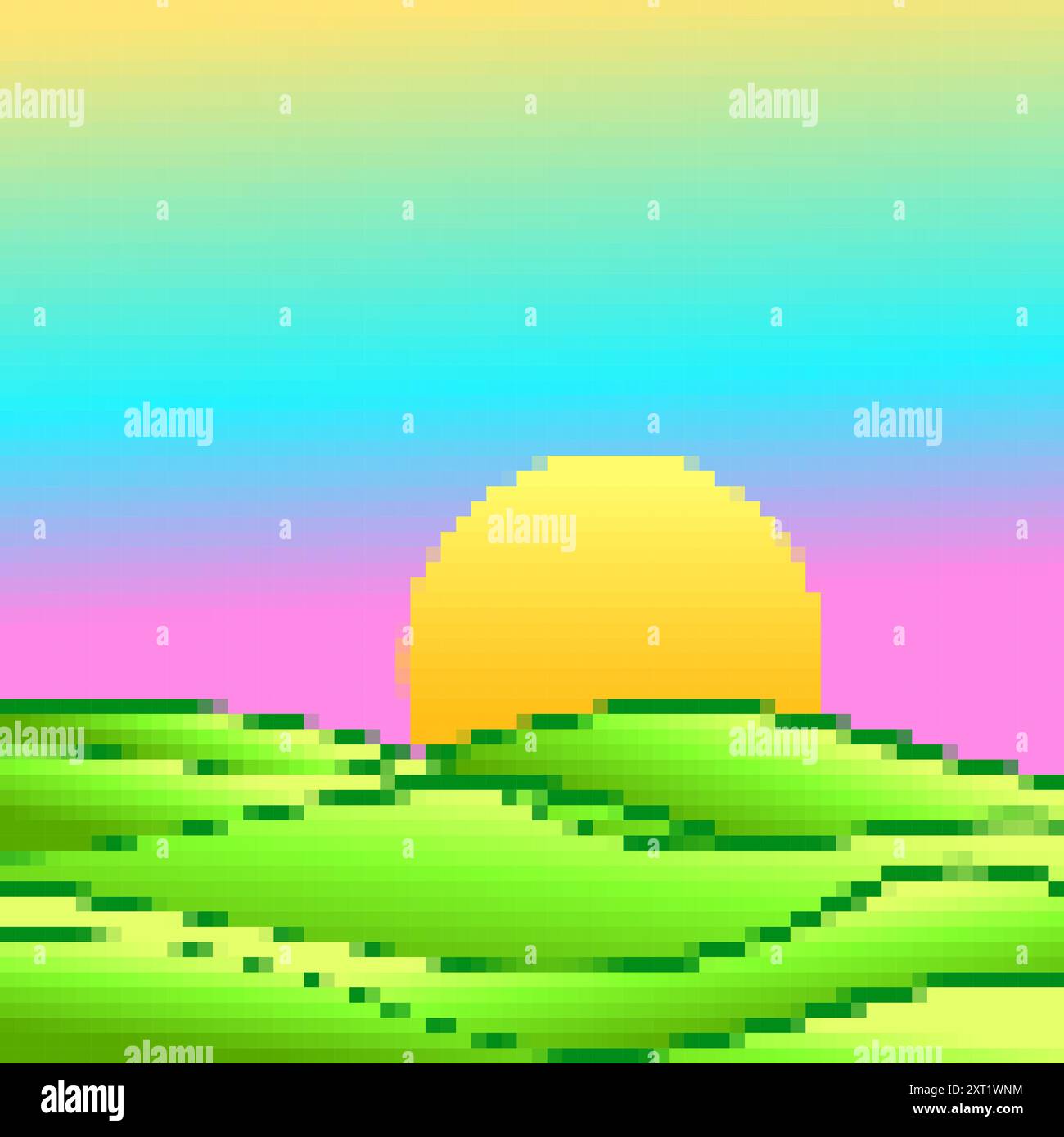 Green meadows at dawn in pixel art style. Rising sun on green fields in ...