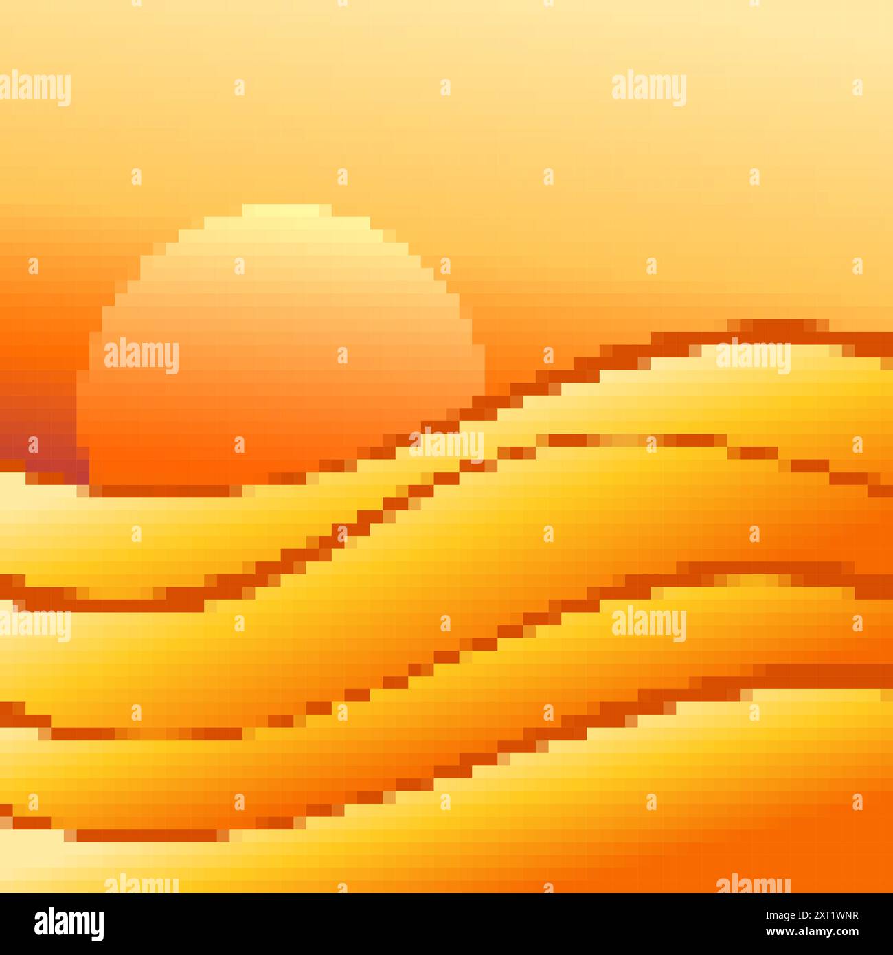 Desert landscape in pixel art style. Sun over sand dunes in the style ...