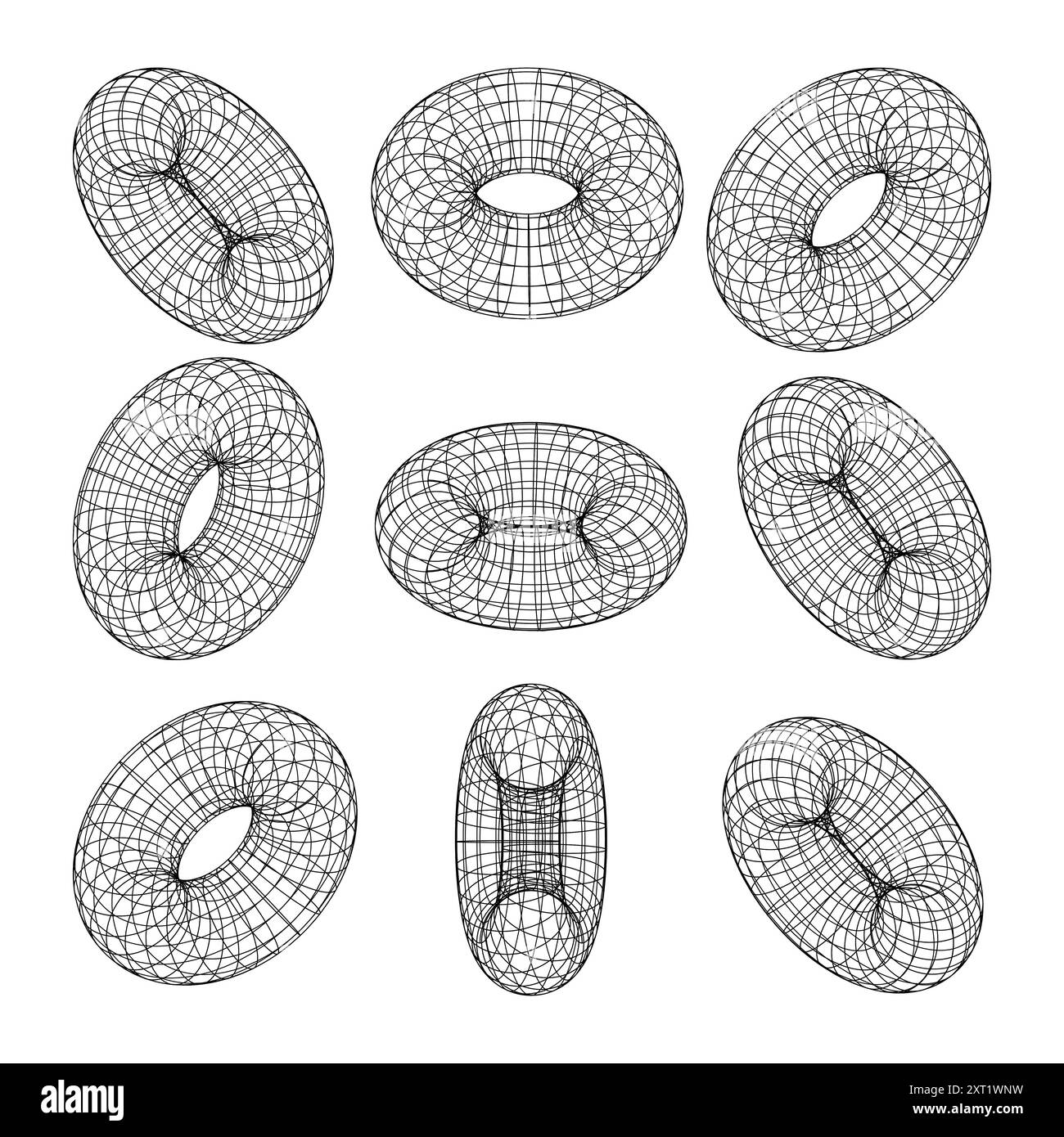 Wireframe shapes, lined torus. Perspective mesh, 3d grid. Low poly ...