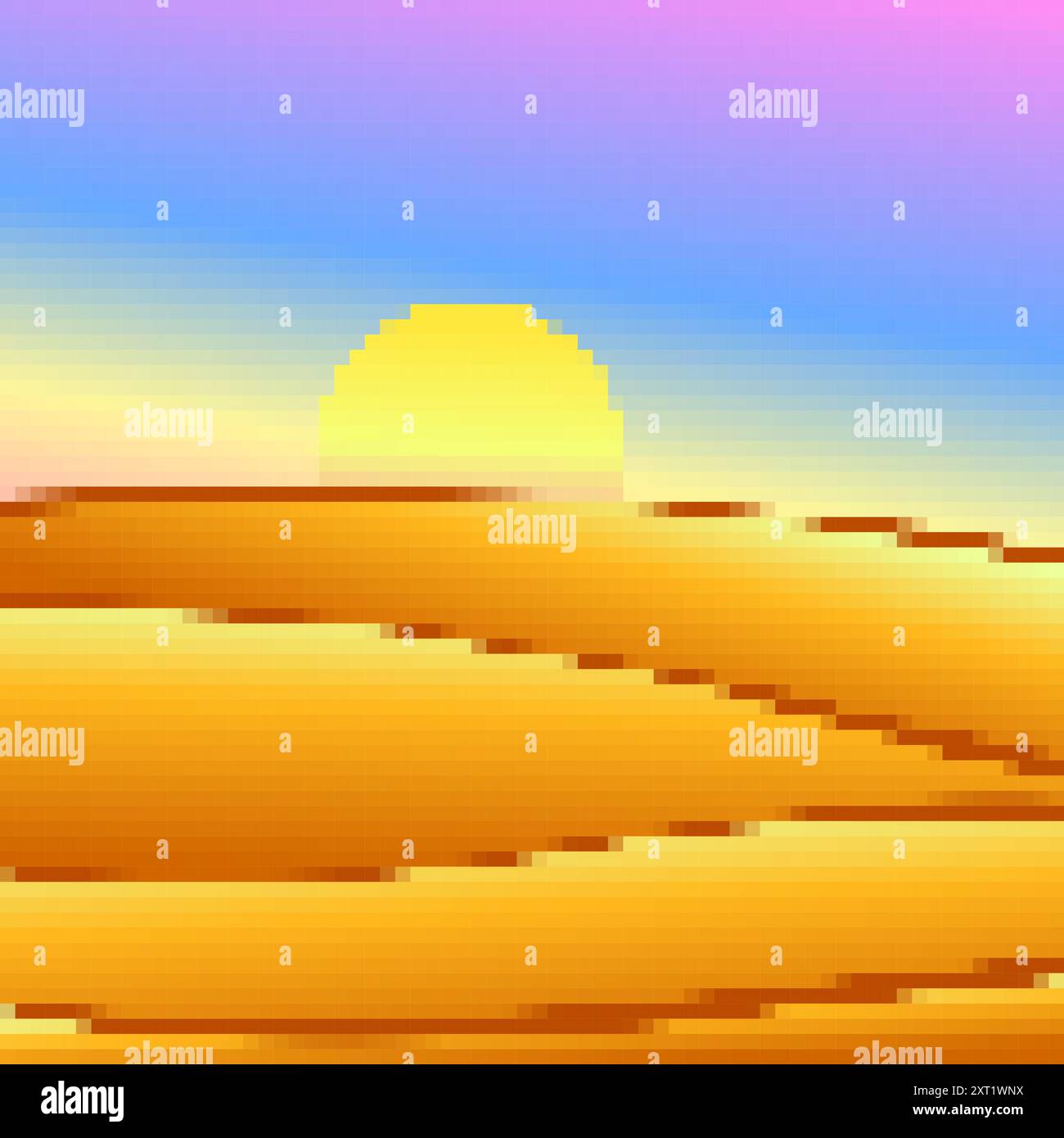 Desert landscape in pixel art style. Sun over sand dunes in the style ...