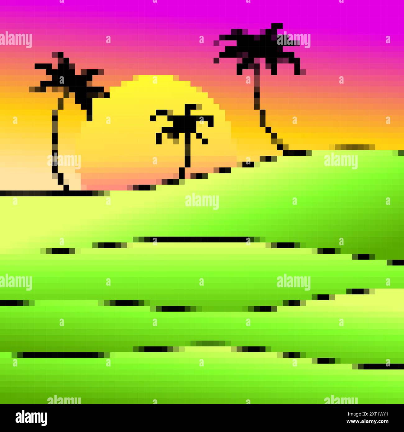 Tropical sunset with palm trees and green fields in pixel art style. Green lawn with palm trees ...