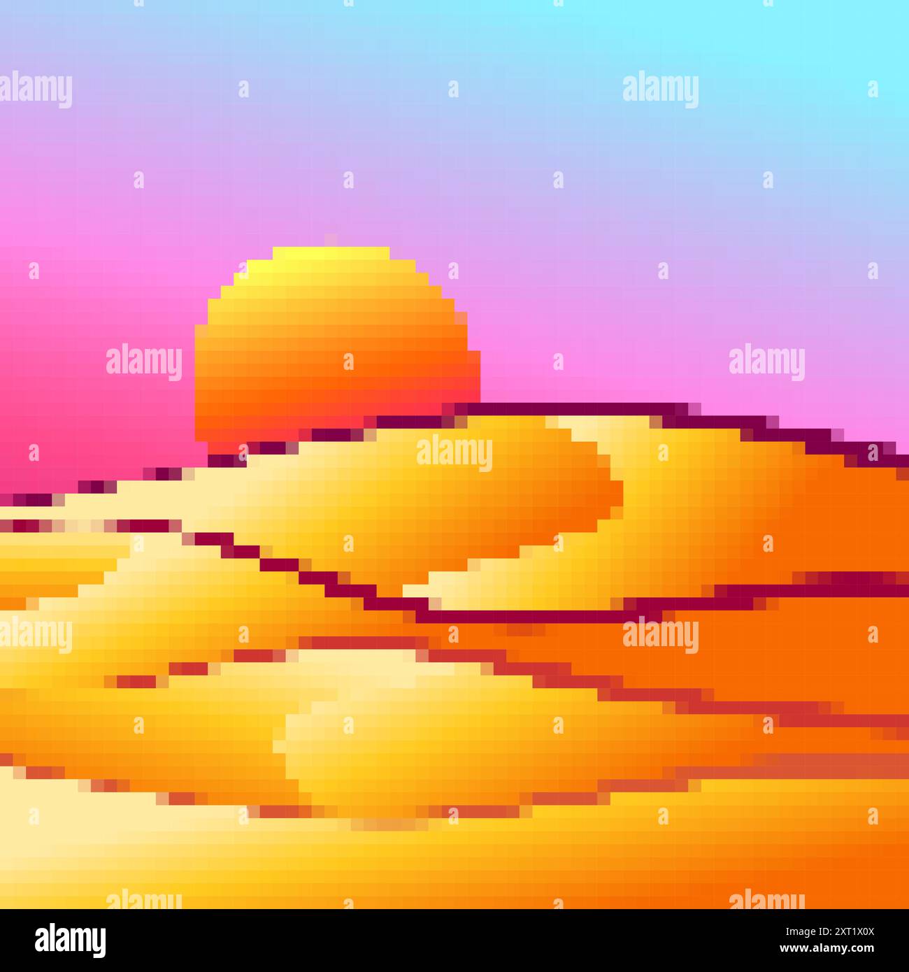 Desert landscape in pixel art style. Sun over sand dunes in the style ...